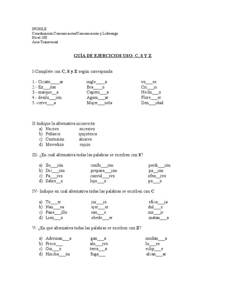 Guía de Ejercicios: Uso de C, S y Z | PDF