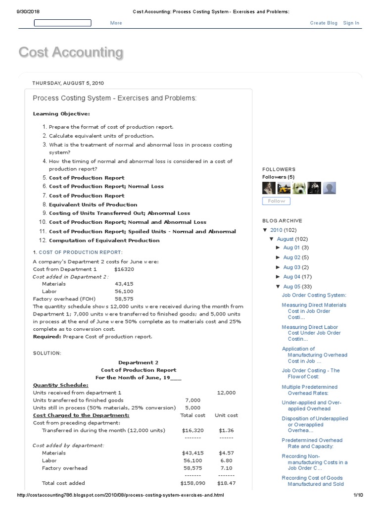 Cost Accounting Process Costing System Exercises and Problems PDF | PDF ...