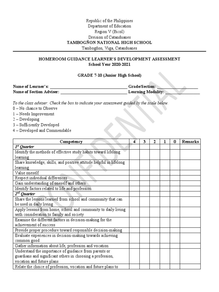 Homeroom Guidance Learner's Development Assessment | PDF | Learning ...