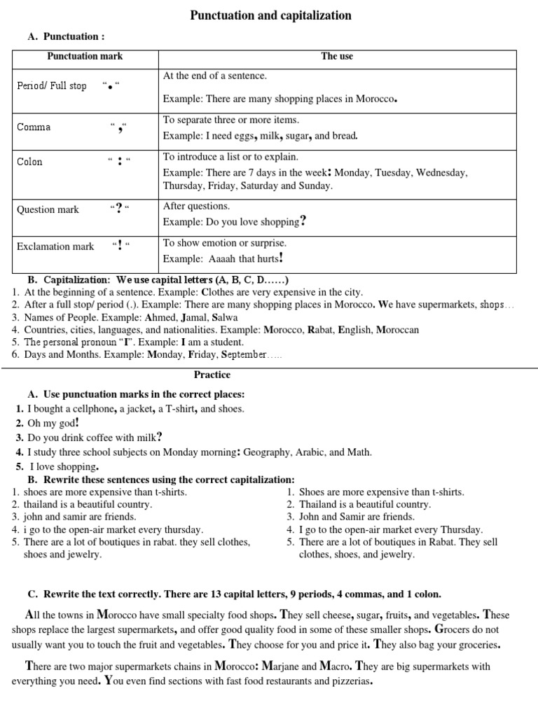Punctuation and Capitalization | PDF | Punctuation | Grocery Store