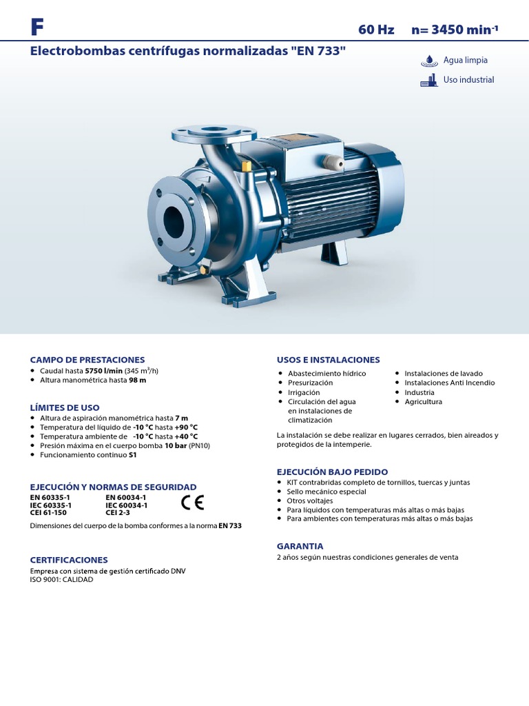 Electrobombas Centrífugas Normalizadas "EN 733" 60 HZ N 3450 Min | PDF | Bomba | Metrología
