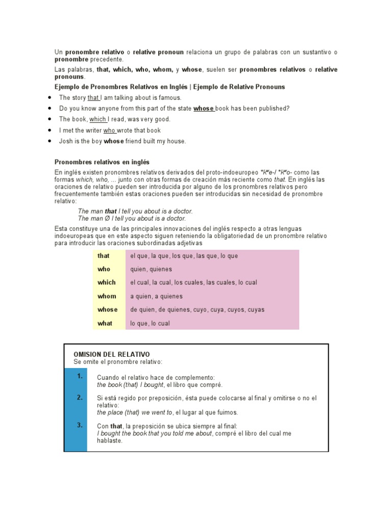 Hoja De Trabajo De Pronombres Relativos En Formato Pdf