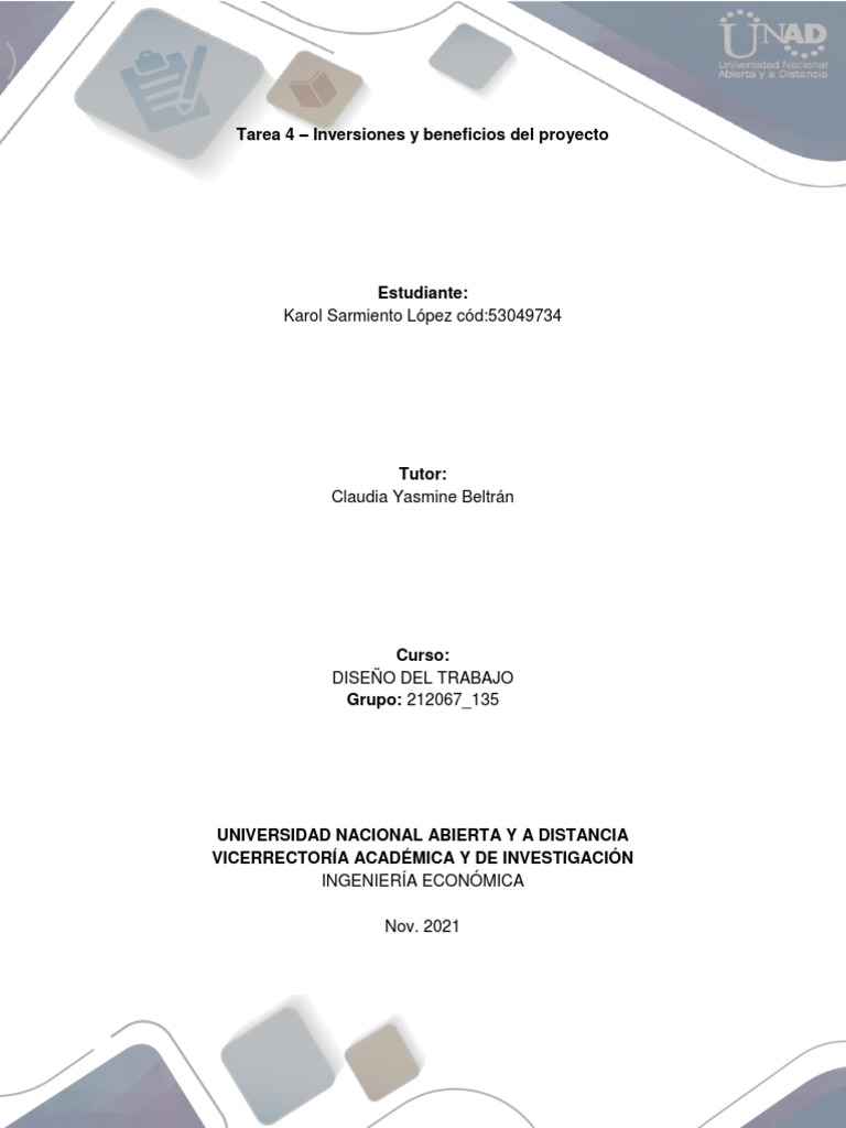 Tarea 4 - Inversiones y Beneficios Del Proyecto Karol Sarmiento | PDF | Capital de trabajo ...