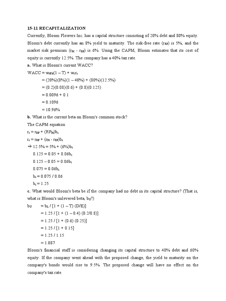 15-11 Recapitalization: RF M RF | PDF | Capital Asset Pricing Model ...
