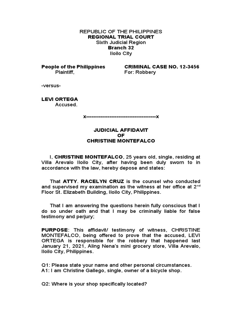 JUDICIAL AFFIDAVIT of The Witness | PDF | Affidavit | Legal Procedure