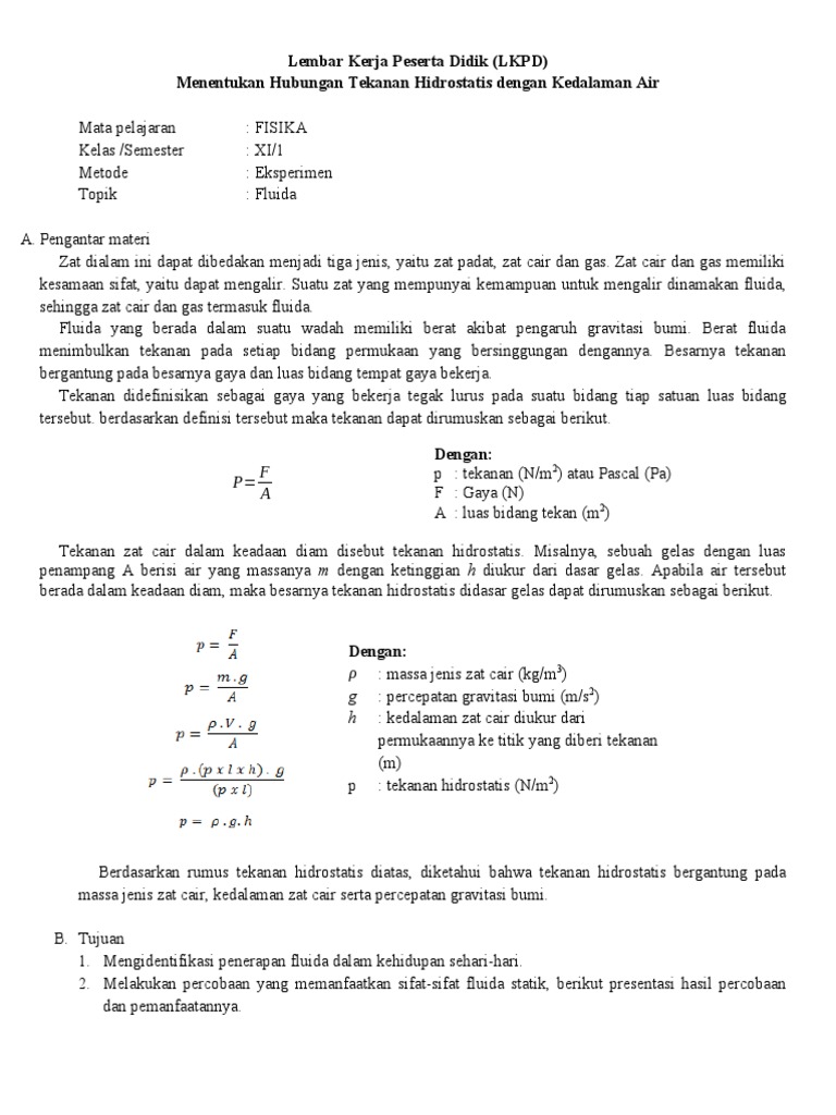LKPD Tekanan Hidrostatis | PDF | Ilmu Sosial | Kajian Bahasa Asing
