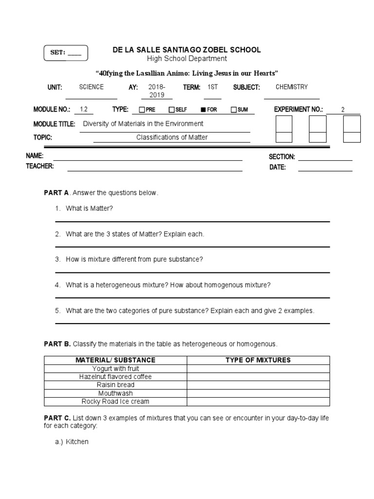 WORKSHEET: Pure Substances Vs - Mixtures | PDF | Mixture | Water