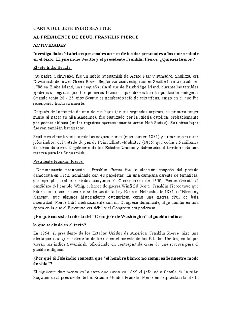 Carta Del Jefe Indio Seattle Actividades | Descargar gratis PDF | Los ...