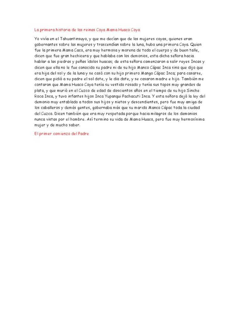 La Primera Historia de Las Reinas Coya Mama Huaco Coya | PDF