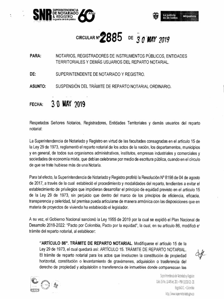 Circular No. 2885 Del 30 de Mayo de 2019 SNR - SUSPENCION DEL REPARTO ...