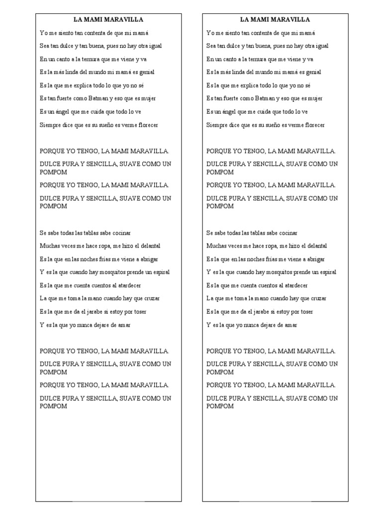 Letra de La Cancion La Mami Maravilla | PDF