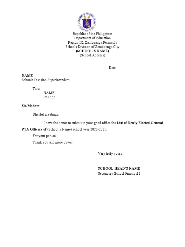 Transmittal Letter of Newly Electer PTA OFFICERS | PDF