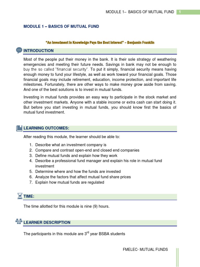 Module 1 - Basics of Mutual Fund | PDF | Investment Fund | Mutual Funds Module 1 - Basics of Mutual Fund | PDF | Investment Fund | Mutual Funds