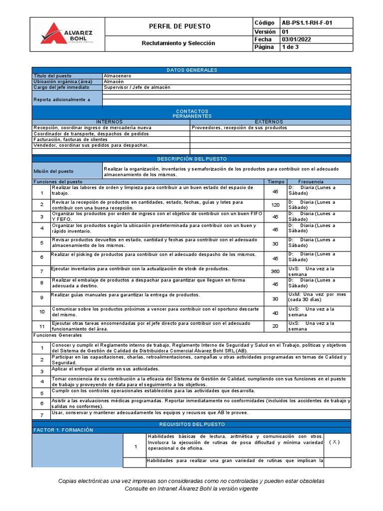 AB-PS1.1-RH-F-01 V1 Perfil de Almacenero | PDF