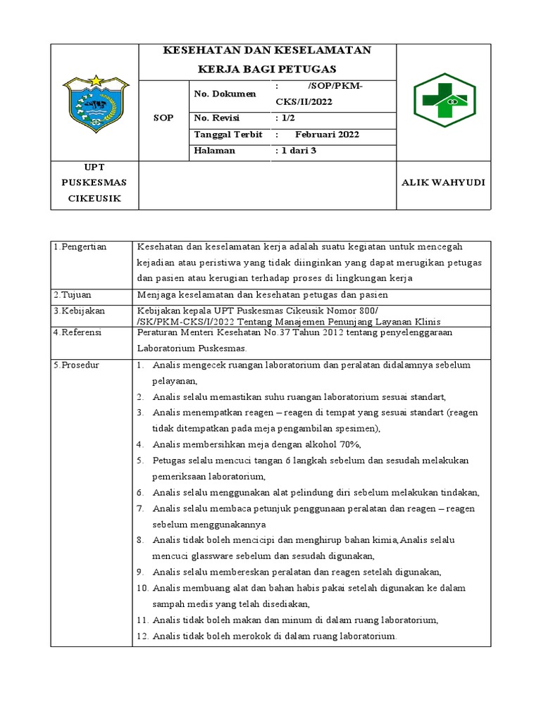 Sop Kesehatan Dan Keselamatan Kerja Bagi Petugas | PDF