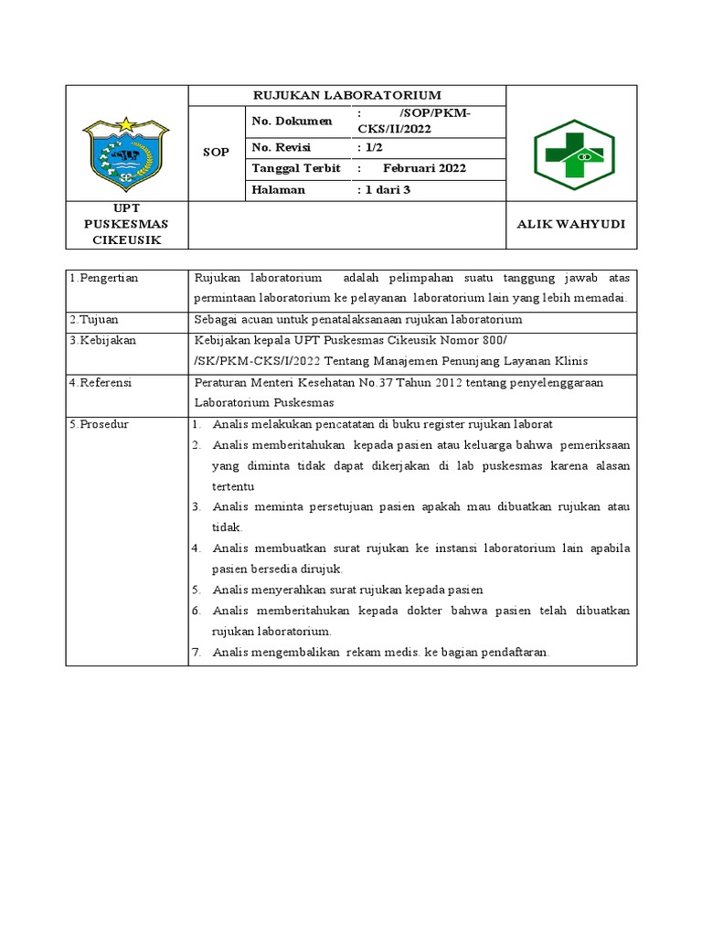 Sop Rujukan Laboratorium | PDF