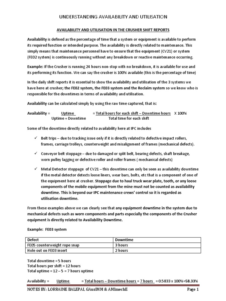 Availability vs Utilization in Mining | PDF | Belt (Mechanical) | Mining