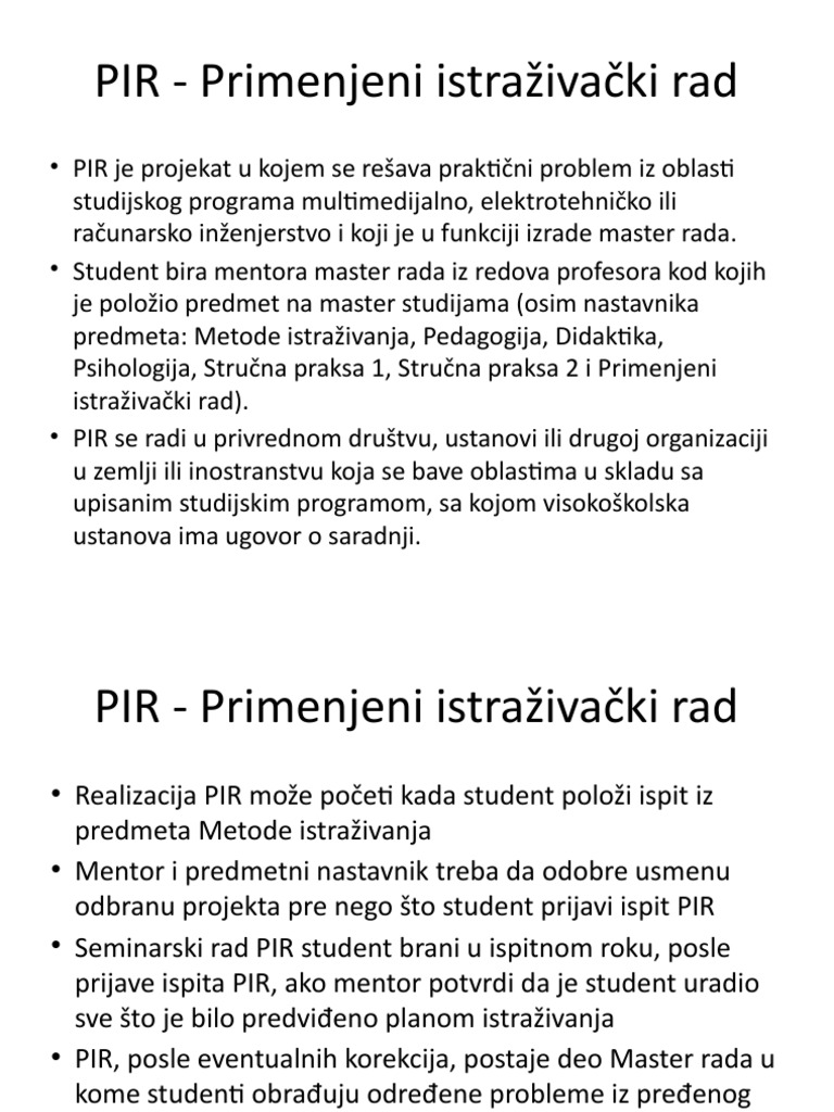 PIR - Primenjeni Istraživački Rad PREZENTACIJA | PDF
