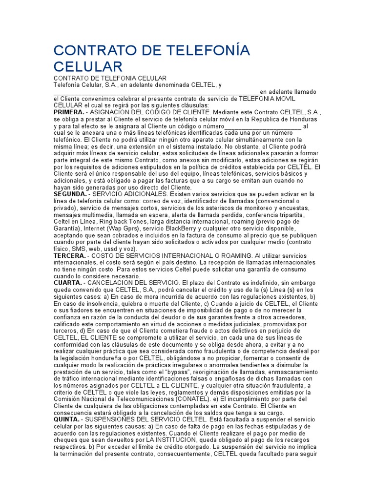 Contrato de Telefonía Celular | PDF | Teléfonos móviles | Tarjeta de crédito