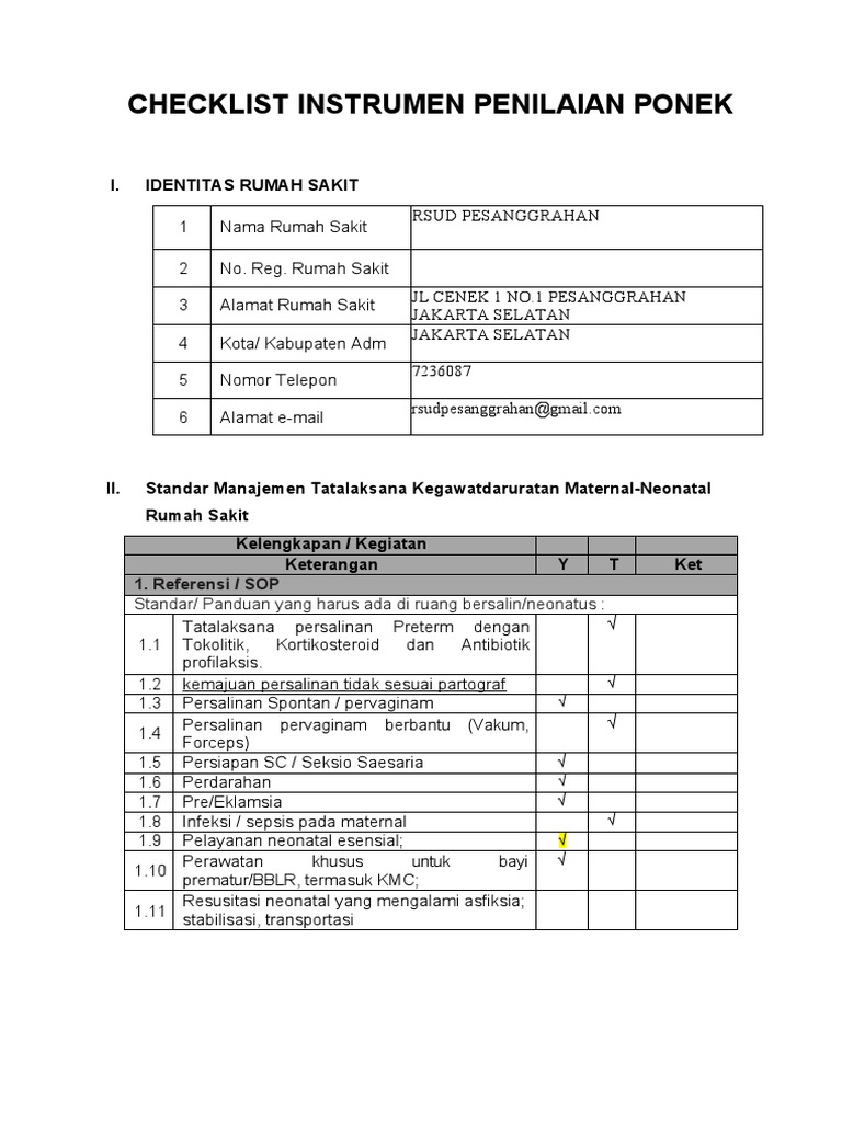 Checklist Instrumen Penilaian Ponek Kelas C-D | PDF
