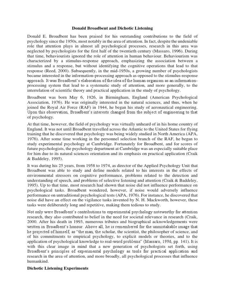 Donald Broadbent and Dichotic Listening | PDF | Psychology | Attention
