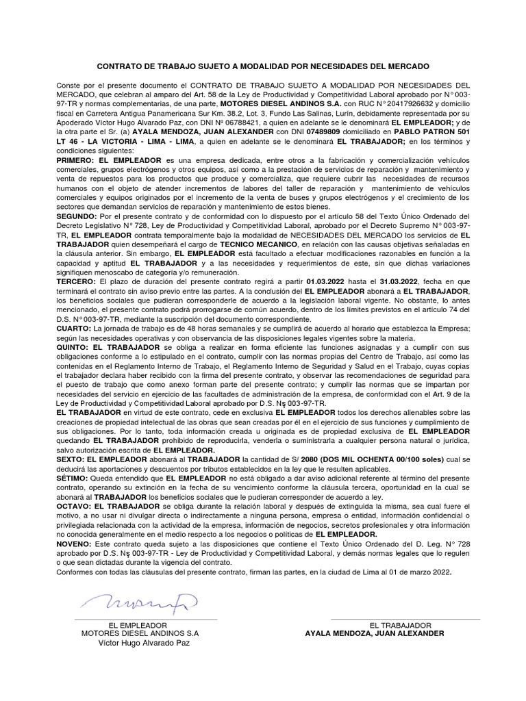 Contrato de Trabajo Sujeto A Modalidad Por Necesidades Del Mercado | PDF | Derecho laboral ...