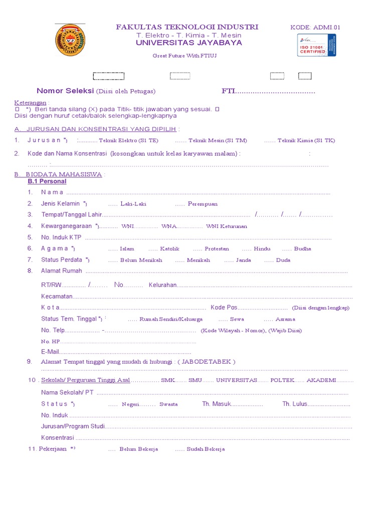 Formulir Pendaftaran FTI Jayabaya | PDF