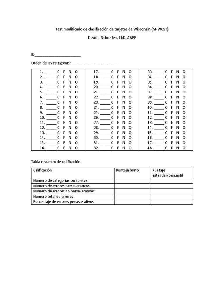 Test M-WCST: Clasificación y Resultados | PDF | Ciencia y matemáticas ...