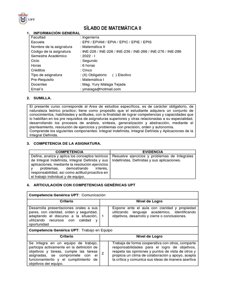 Sílabo de Matemática Ii | PDF | Integral | Matemáticas