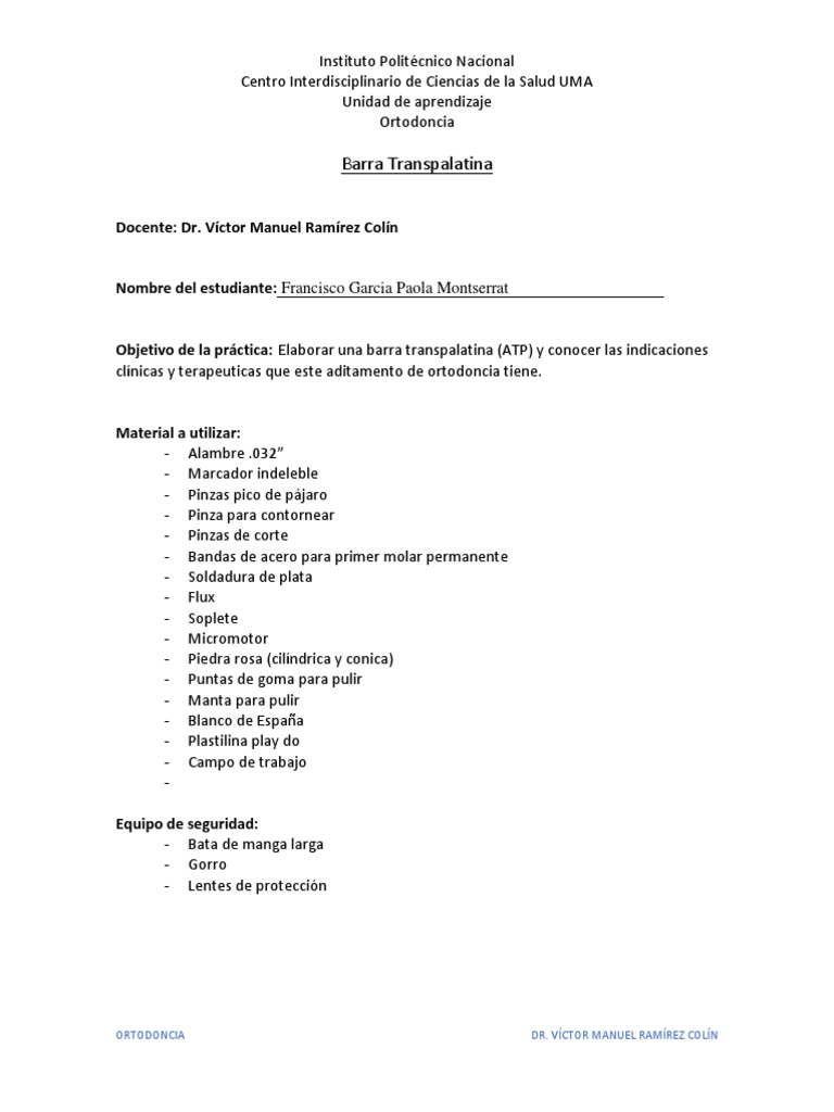 Barra Traspalatina Practica ATP 2 | PDF | Ortodoncia | Odontología