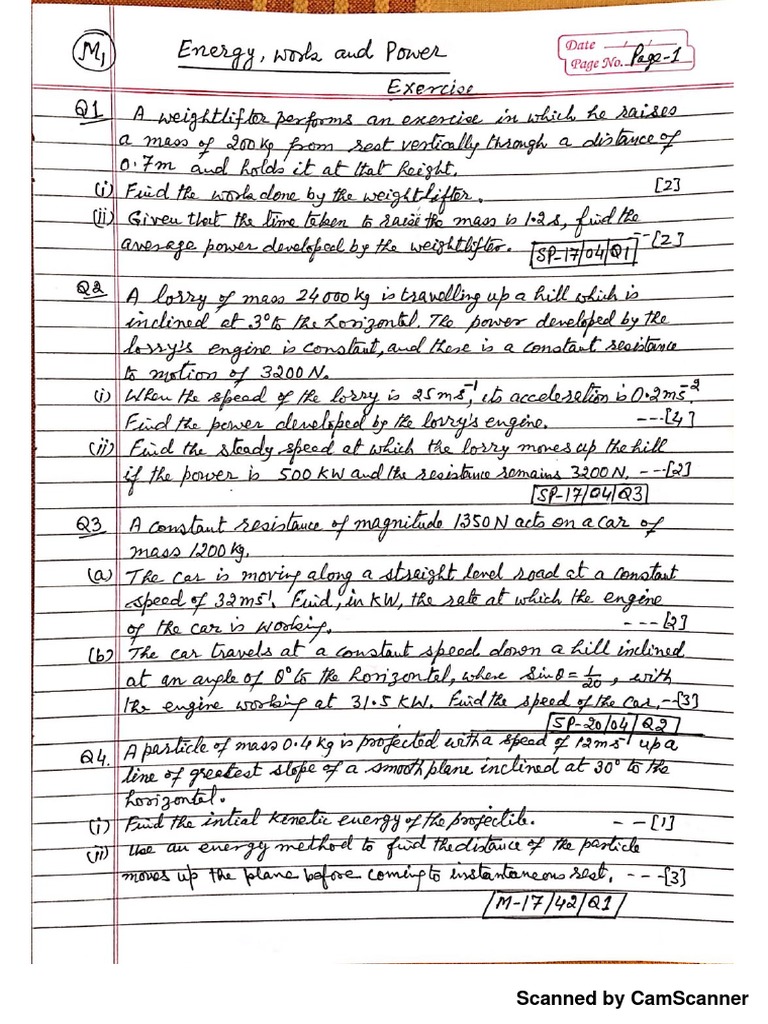 m1 Energy Work and Power Exercise With Answers | PDF