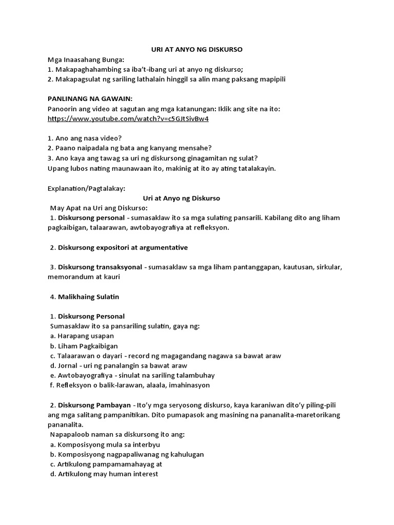 Modyul 1 Aralin 2 - Uri at Anyo NG Diskurso | PDF