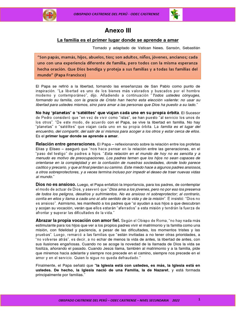 3° Anexo III-La Familia Es El Primer Lugar Donde Se Aprende A Amar | PDF | Papa