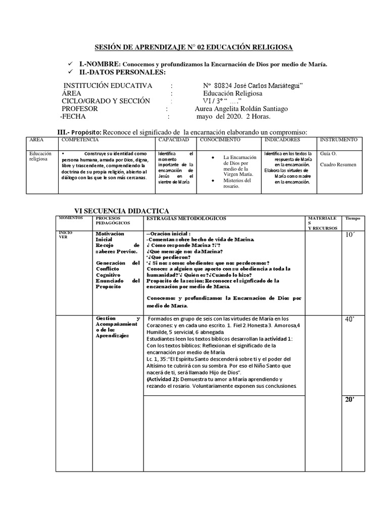 Sesi N de Aprendizaje 05 Encarnacion de Maria 26-08-22 | PDF | María, madre de Jesús | Biblia