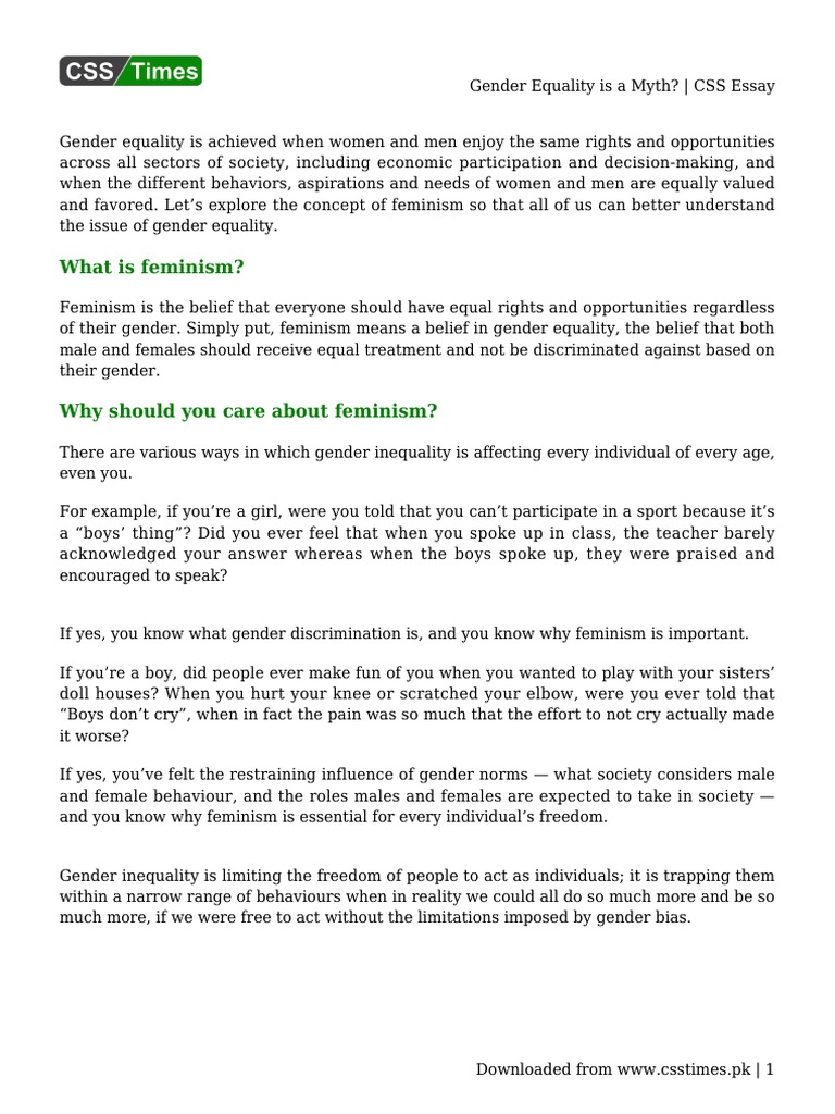 Gender Equality Is A Myth - CSS Essay | PDF | Gender | Gender Studies