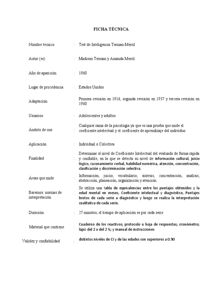 FICHA TÉCNICA - Terman-Merril | PDF