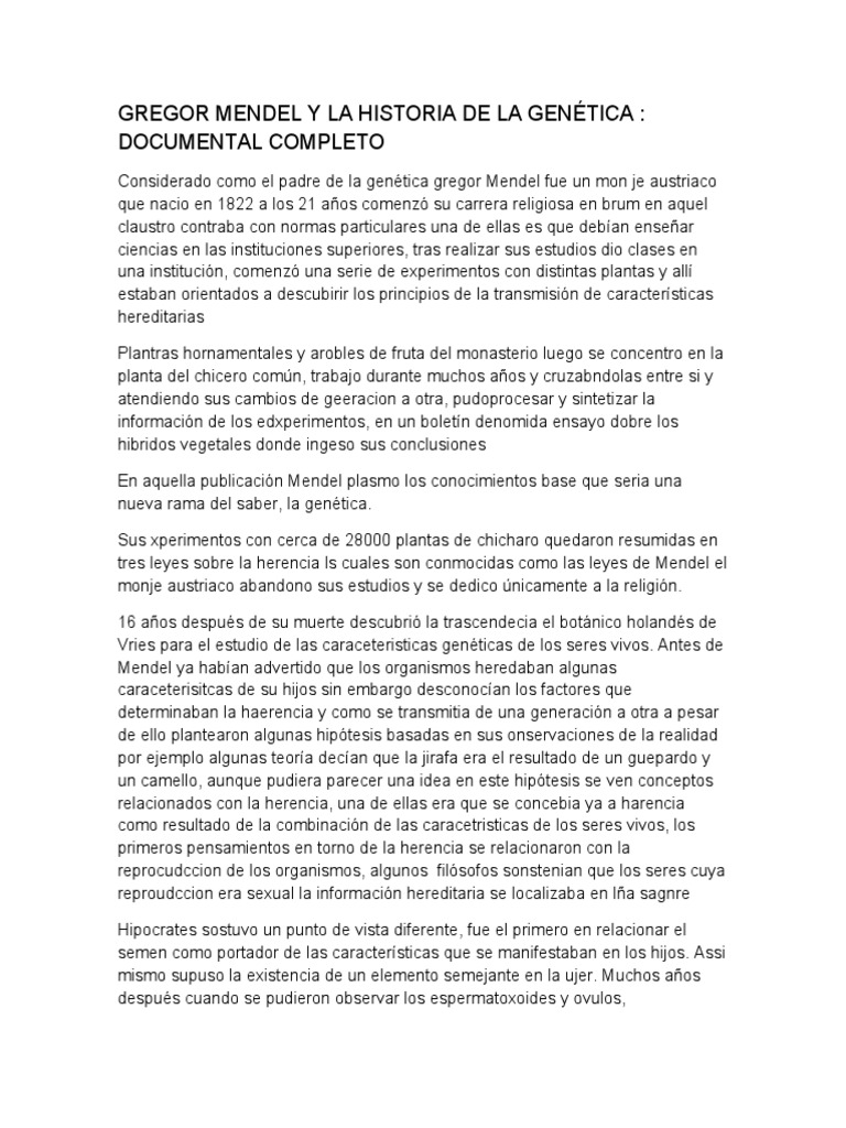 Gregor Mendel y La Historia de La Genética | PDF | Dominancia (Genética ...