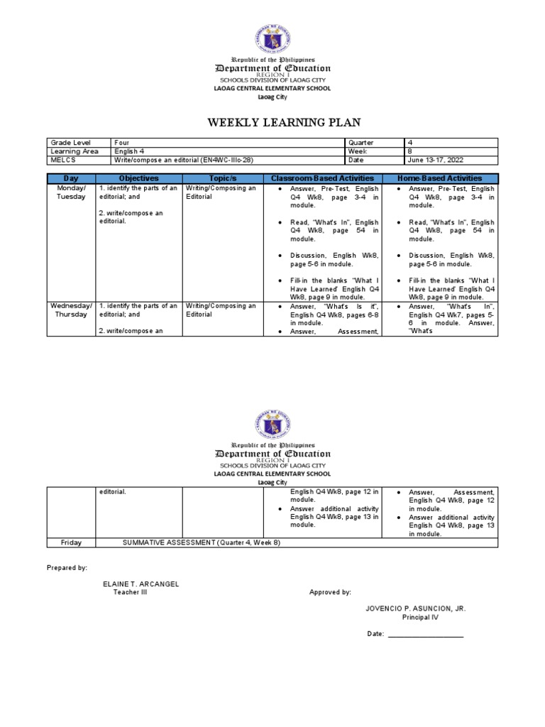 Weekly-Learning-Plan-Q4 WK8 | PDF