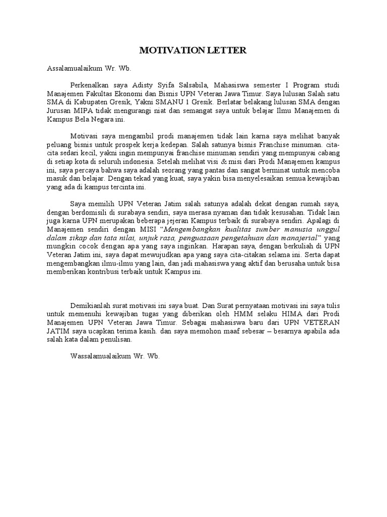 Surat Motivasi Mahasiswa Manajemen UPN | PDF | Pengembangan Diri