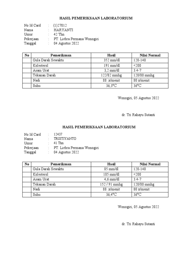 Hasil Laboratorium Kesehatan Wonogiri | PDF