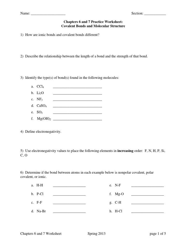 Covalent Bonds and Molecular Structure Worksheet | PDF | Chemical Bond ...