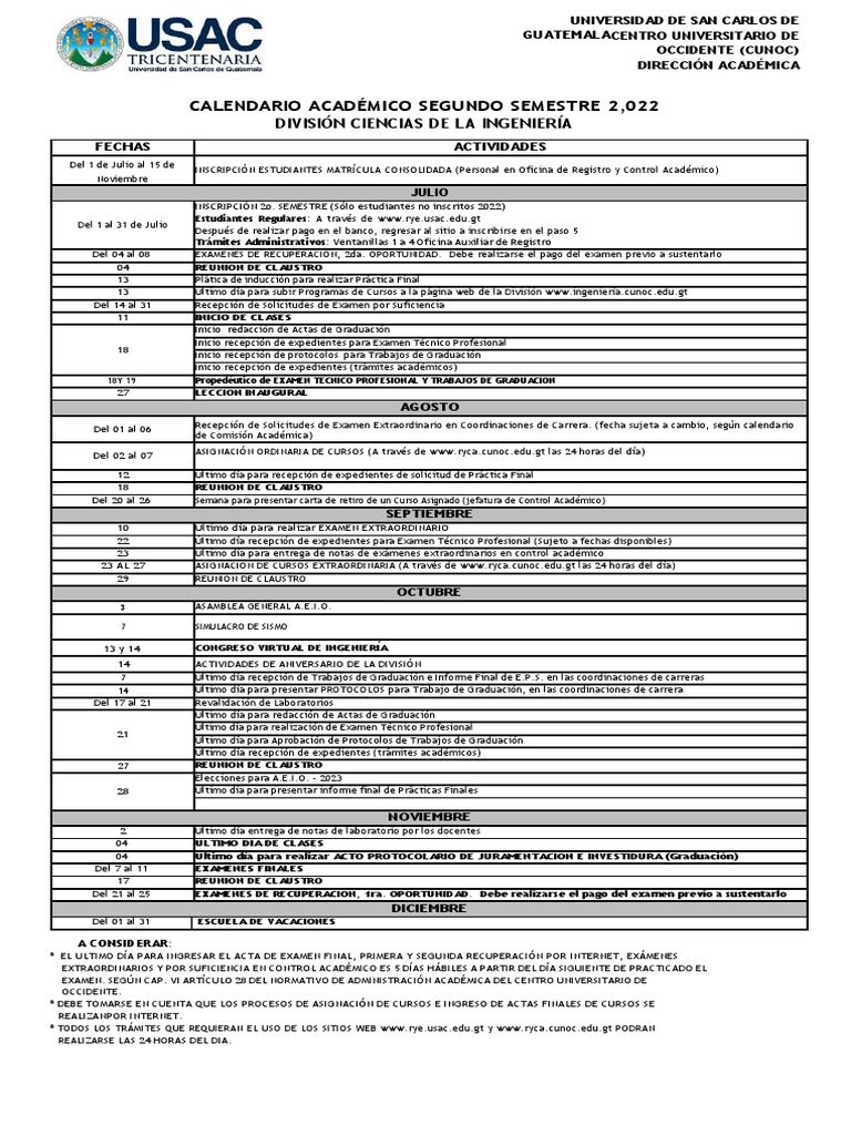 Calendario Académico 2do Semestre 2022 | PDF