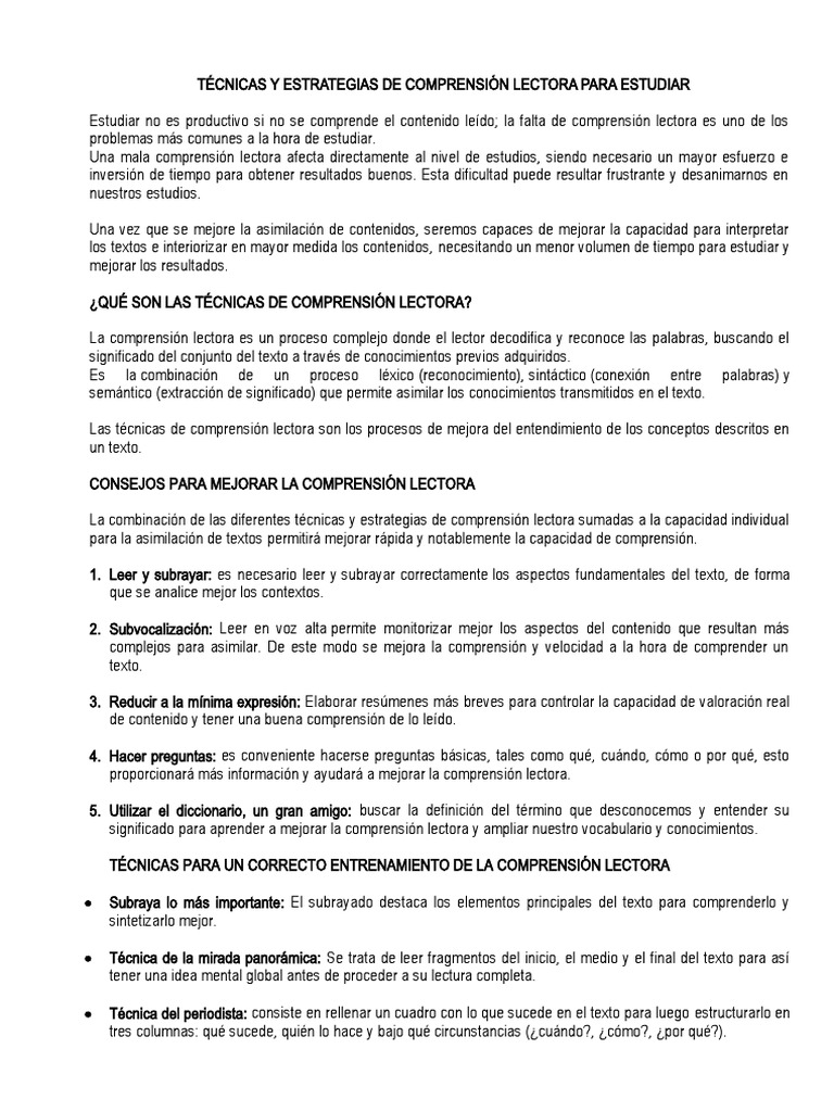 Técnicas y Estrategias de Comprensión Lectora para Estudiar | PDF ...