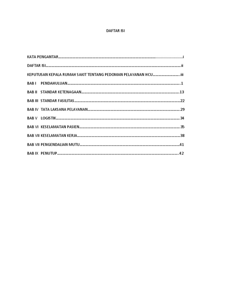 Daftar Isi Pedoman Pelayanan Hcu | PDF