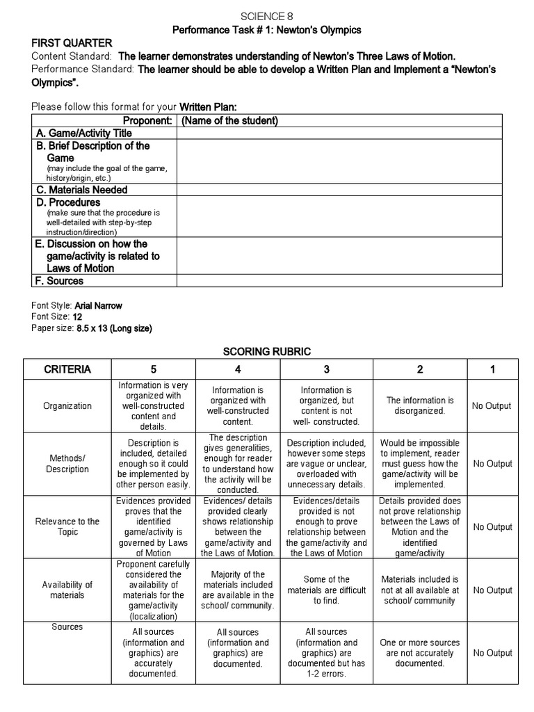 Newton's Olympics Performance Task Guide | PDF | Behavior Modification ...