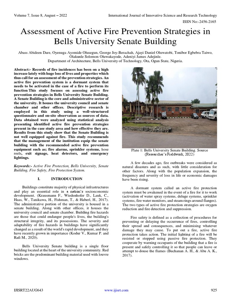 Assessment of Active Fire Prevention Strategies in Bells University ...