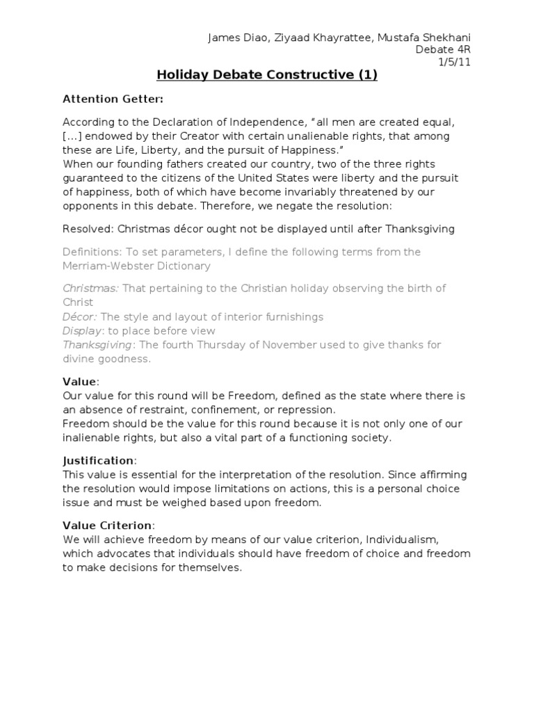 Holiday Debate Constructive | PDF | Natural And Legal Rights | Liberty