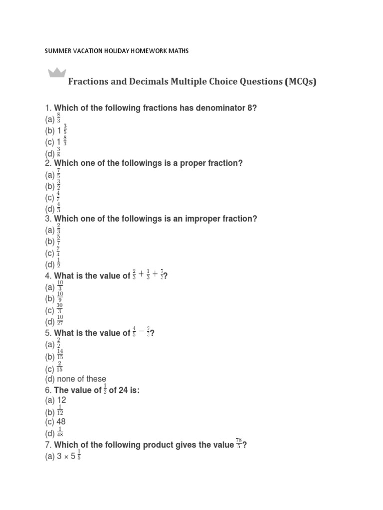 Fraction and decimals mcqs | PDF | Division (Mathematics) | Naming ...