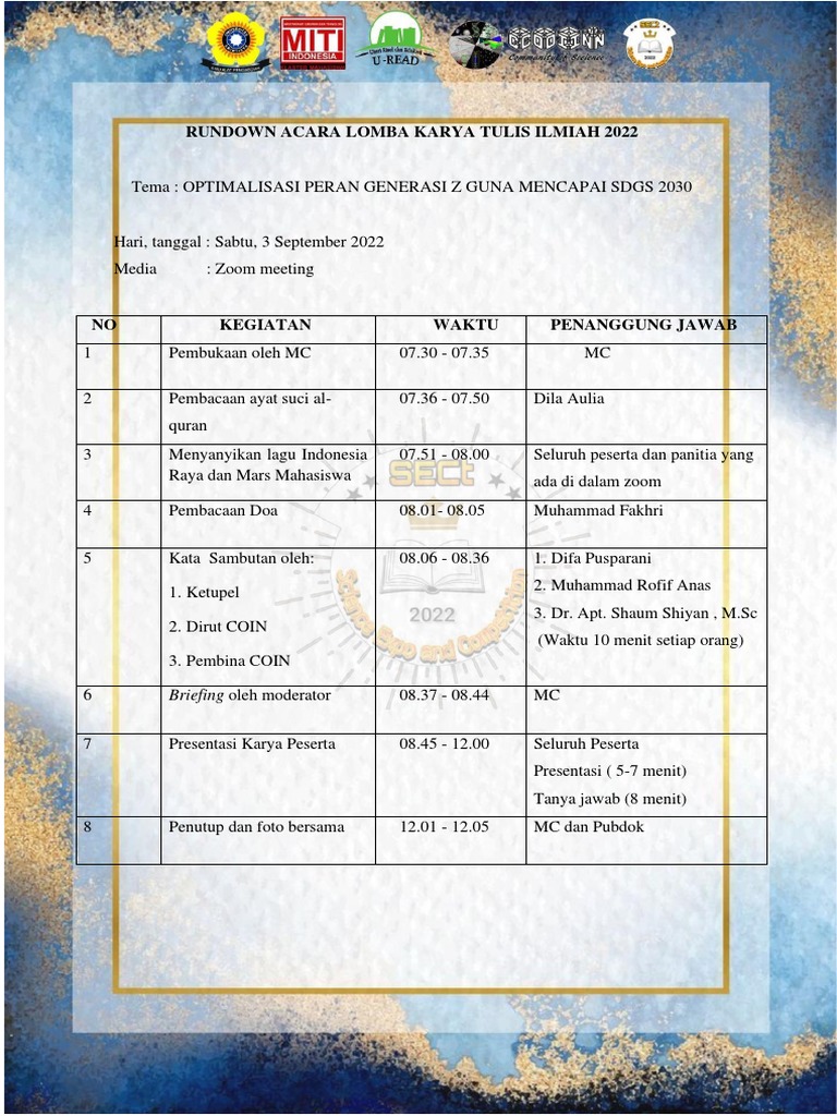 Rundown Acara Lomba Karya Tulis Ilmiah 2022 | PDF
