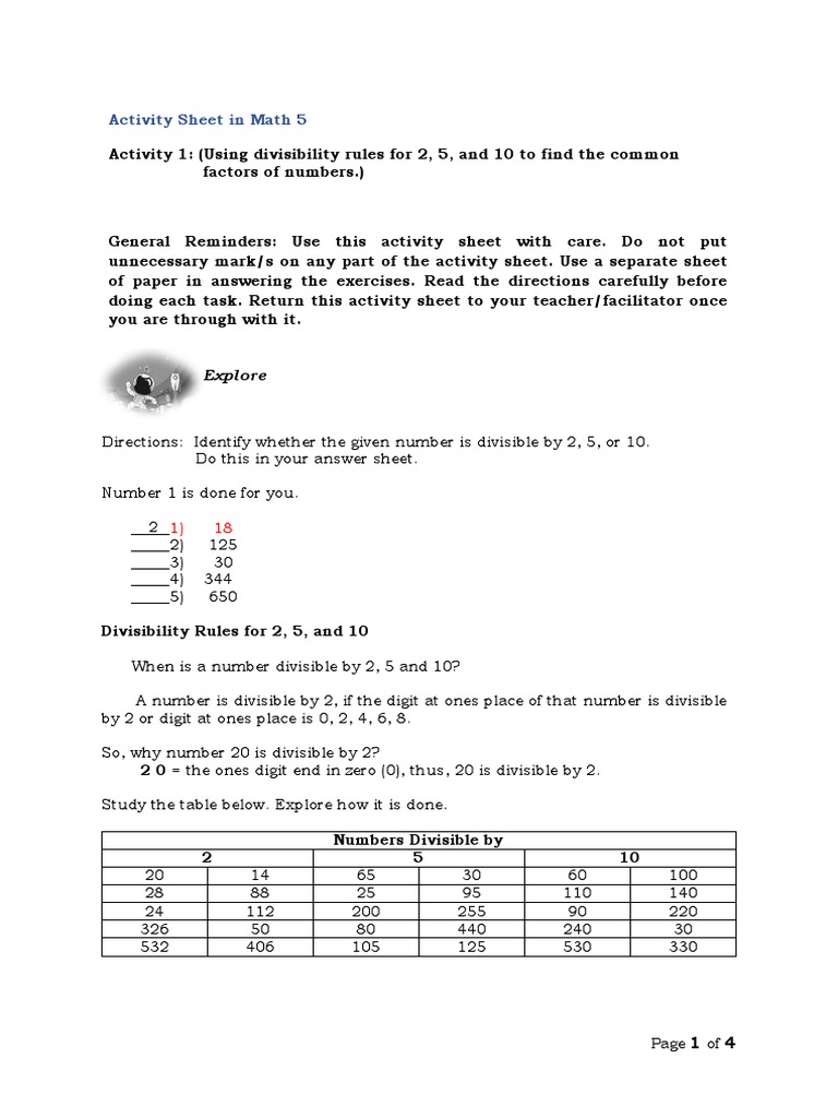 5th Grade Divisibility Rules Worksheet | PDF | Cognition | Cognitive ...
